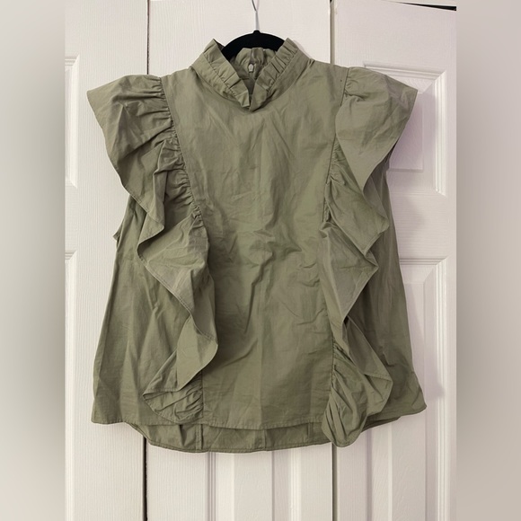 Tops | Zara Large Olive Green Ruffled Top | Poshmark